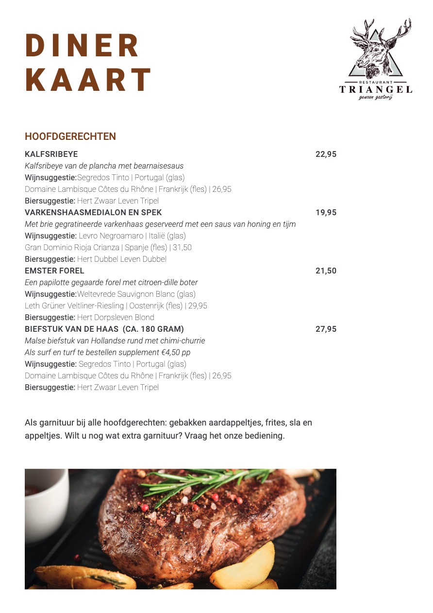 Menukaart Diner – Restaurant Triangel